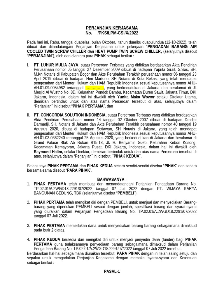 Perjanjian Kerjasama LMJ Dan Csi 2022 - 11.10.2022 | PDF