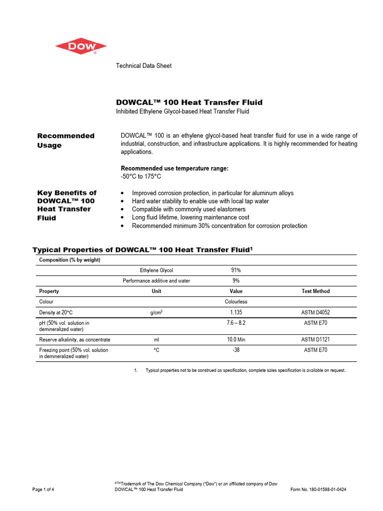 Technical - Datasheet - Dowcal 100 Heat Transfer Fluid Tds | PDF | Coolant | Water