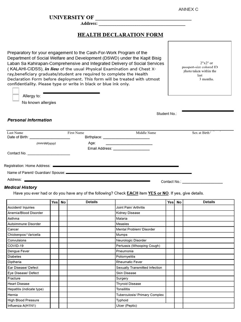 Annex C - Health Declaration Form | PDF | Informed Consent | Health Sciences
