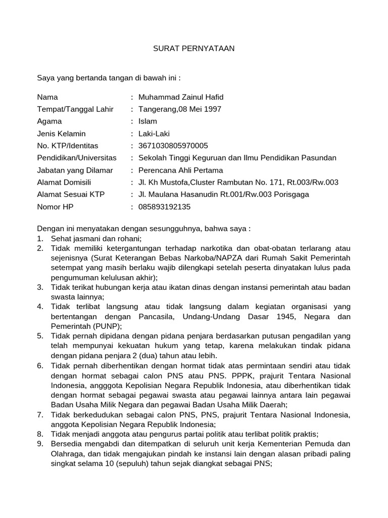 Surat Pernyataan Zainul Hafid | PDF