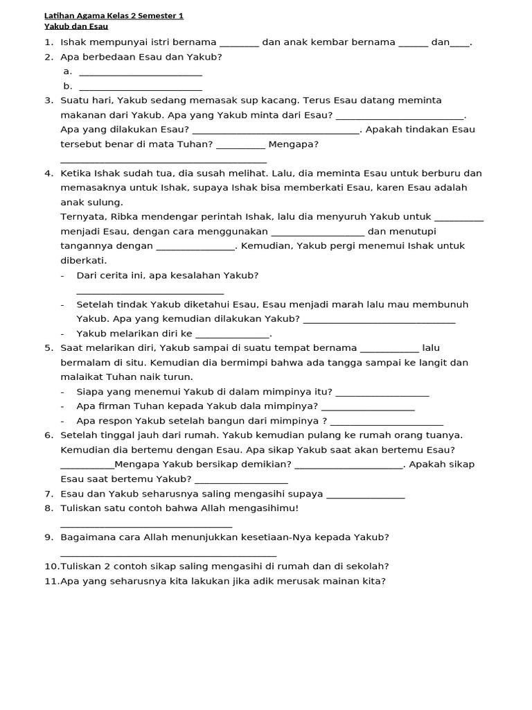 Latihan 1st sem DT Agama Kelas 2 (Yakub dan Esau) | PDF