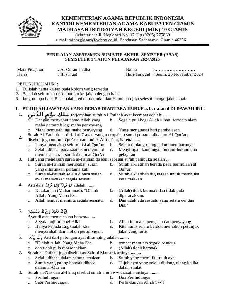 Naskah Soal PAS Qur'an Hadits Kelas 3 | PDF