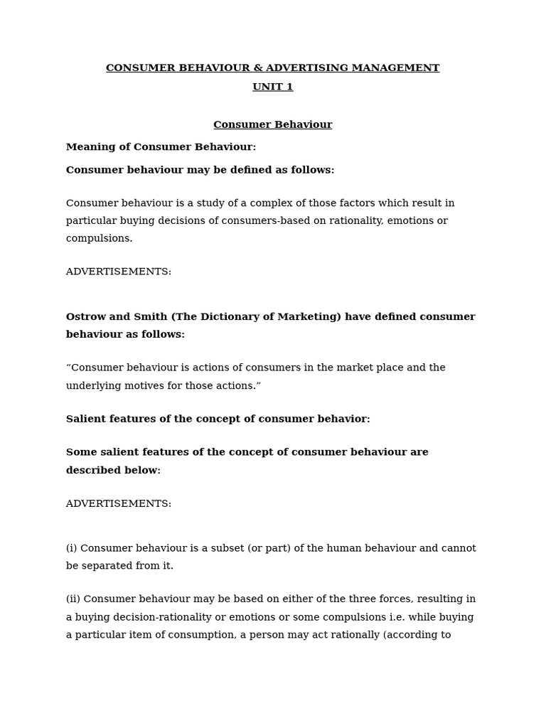 Consumer Behaviour & Advertising Management Unit 1 | PDF | Consumer ...