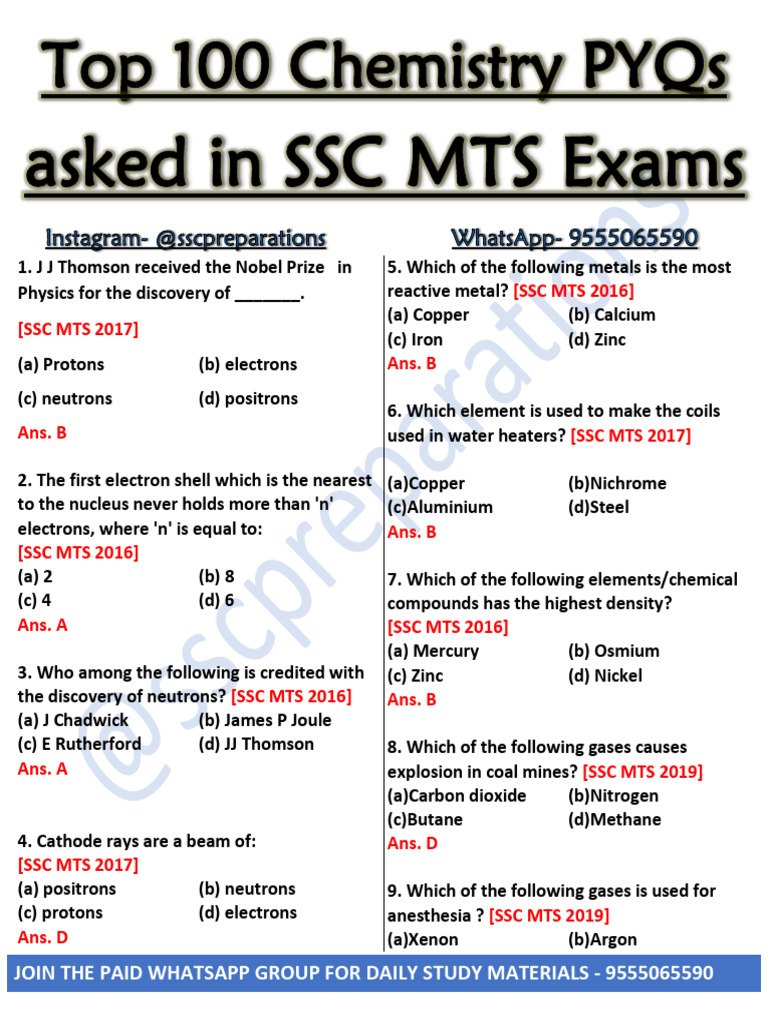 100 Chemistry PYQs Asked in SSC MTS Exams | PDF | Chemical Elements | Metals