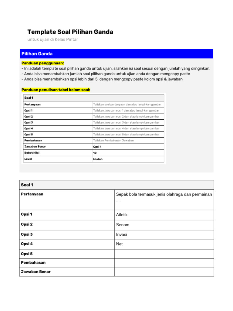 Template Soal Pilihan Ganda | PDF
