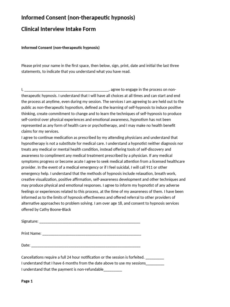 Informed Consent si Interviu initial | PDF | Hypnosis | Psychology