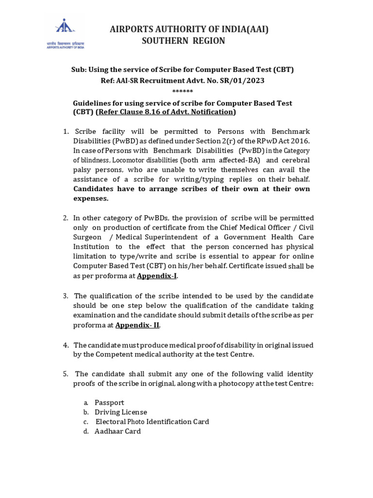 Instructions For Availing Scribe With Appendix-I & II | PDF