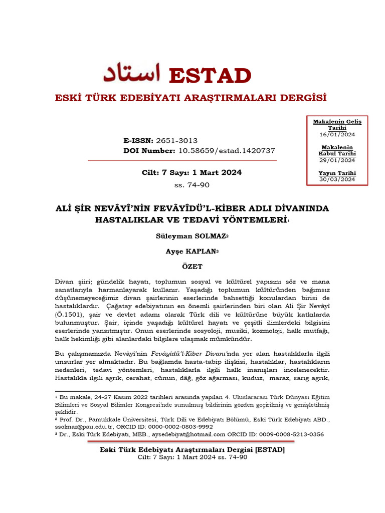 ALİ ŞİR NEVÂYÎ’NİN FEVÂYÎDÜ’L-KİBER ADLI DİVANI | PDF
