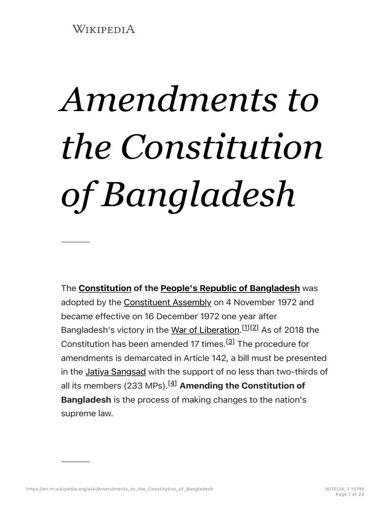 Amendments to the Constitution of Bangladesh - Wikipedia | PDF | Government | Political Charters