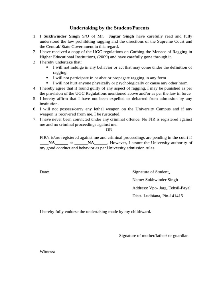 Undertaking by The Student Parent (Hostel) | PDF