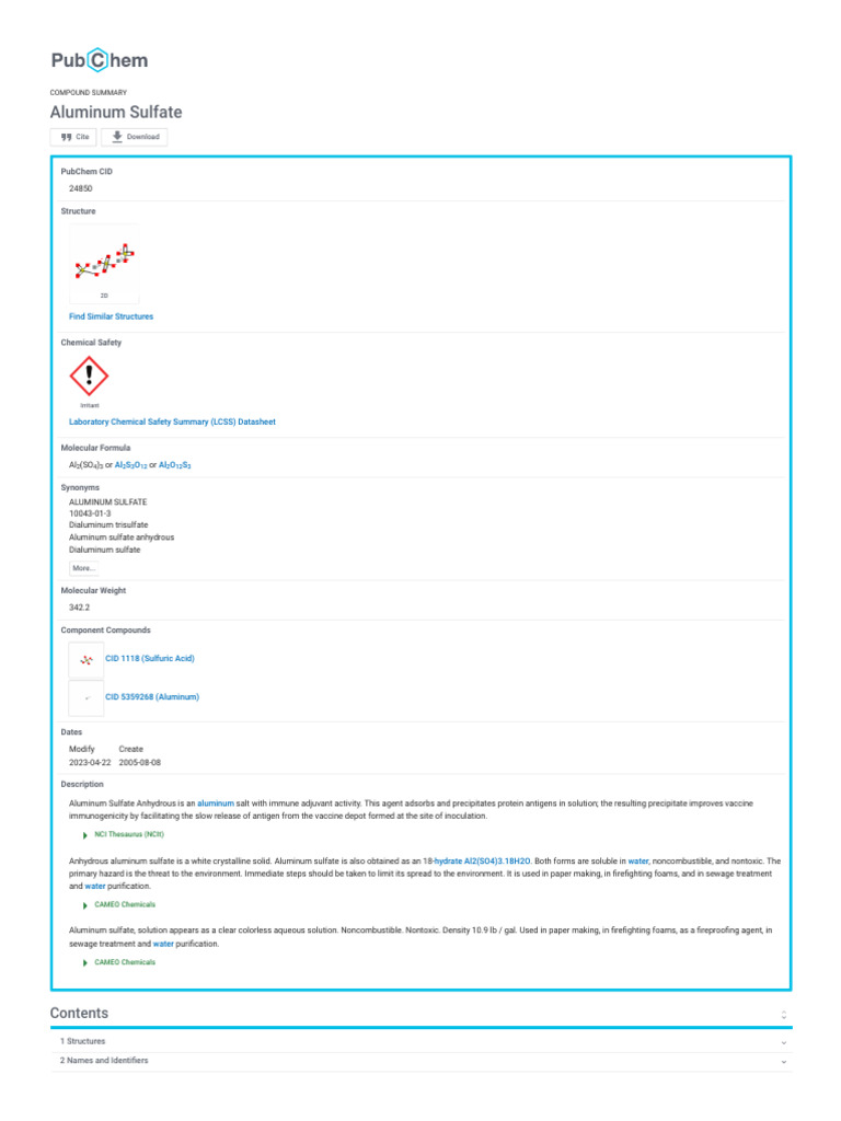 Aluminum Sulfate | Al2(SO4)3 - PubChem | PDF | Aluminium | Sulfate