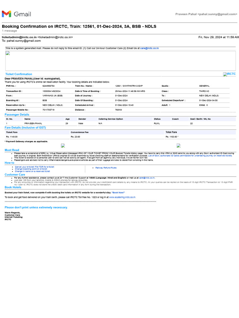 IRCTC 3A Train Booking Confirmation | PDF | Service Industries