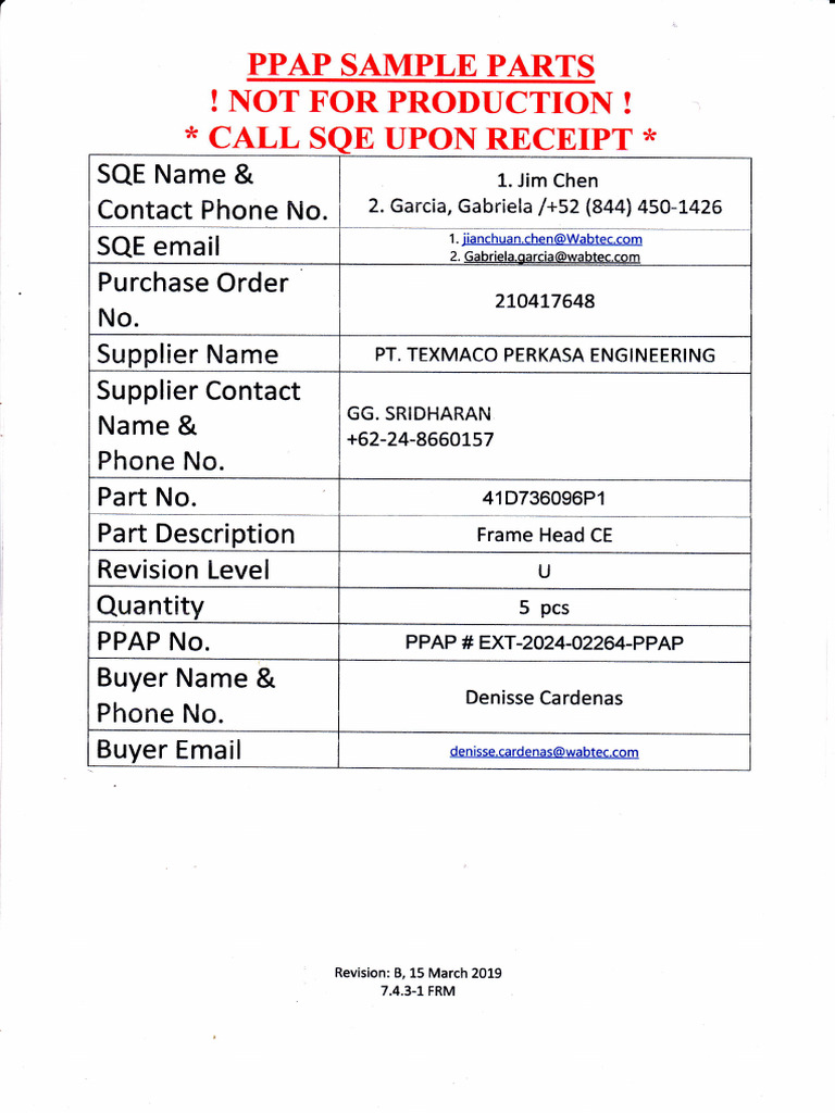 PLACARD PPAP # EXr - 2024-O2264-PPAP | PDF