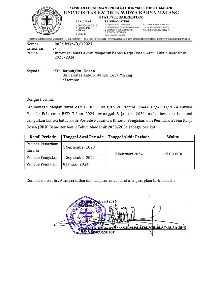 005 - Informasi Batas Akhir Pelaporan BKD Ganjil 2023-2024 | PDF