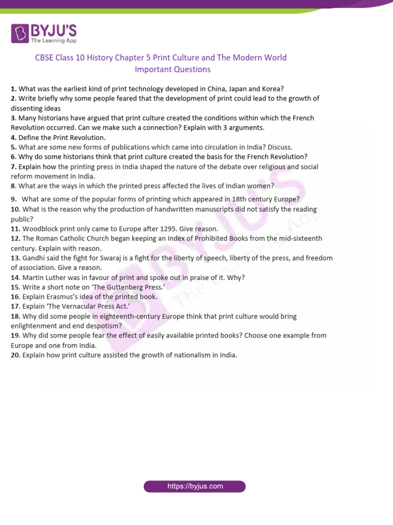 CBSE-Class-10-History-Chapter-5-Print-Culture-and-The-Modern-World-Important-Questions | PDF