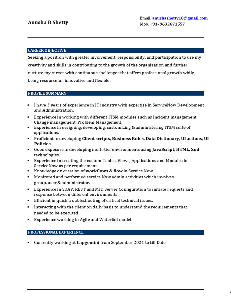 Anusha B Shetty Resume_SNow - 3yrs | PDF | Software Engineering | Computer Science