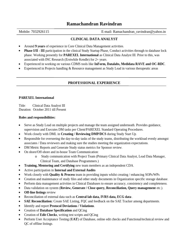 Clinical Data Analyst Resume Overview | PDF | Databases | Computing