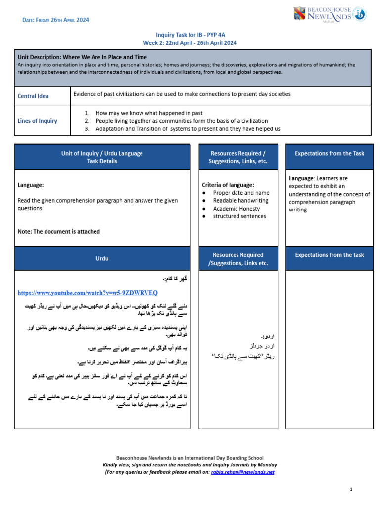 PYP 4A Inquiry Task Overview | PDF | Cognition | Human Communication