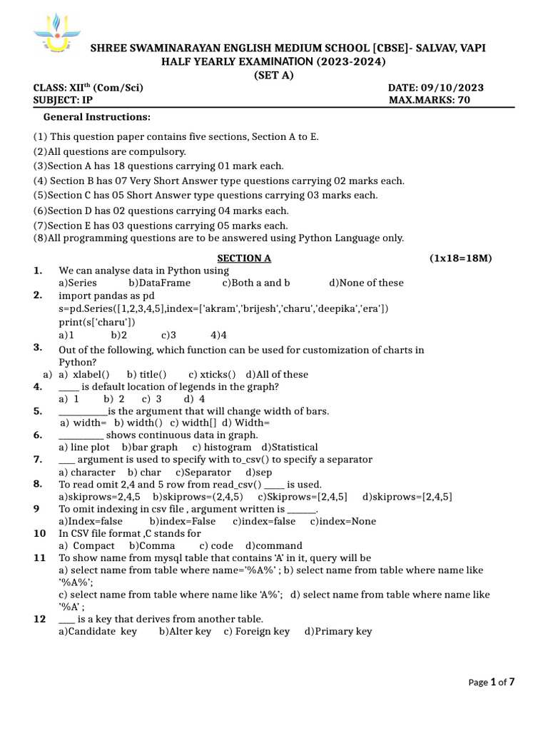 12TH IP SET A | PDF | Table (Database) | Comma Separated Values