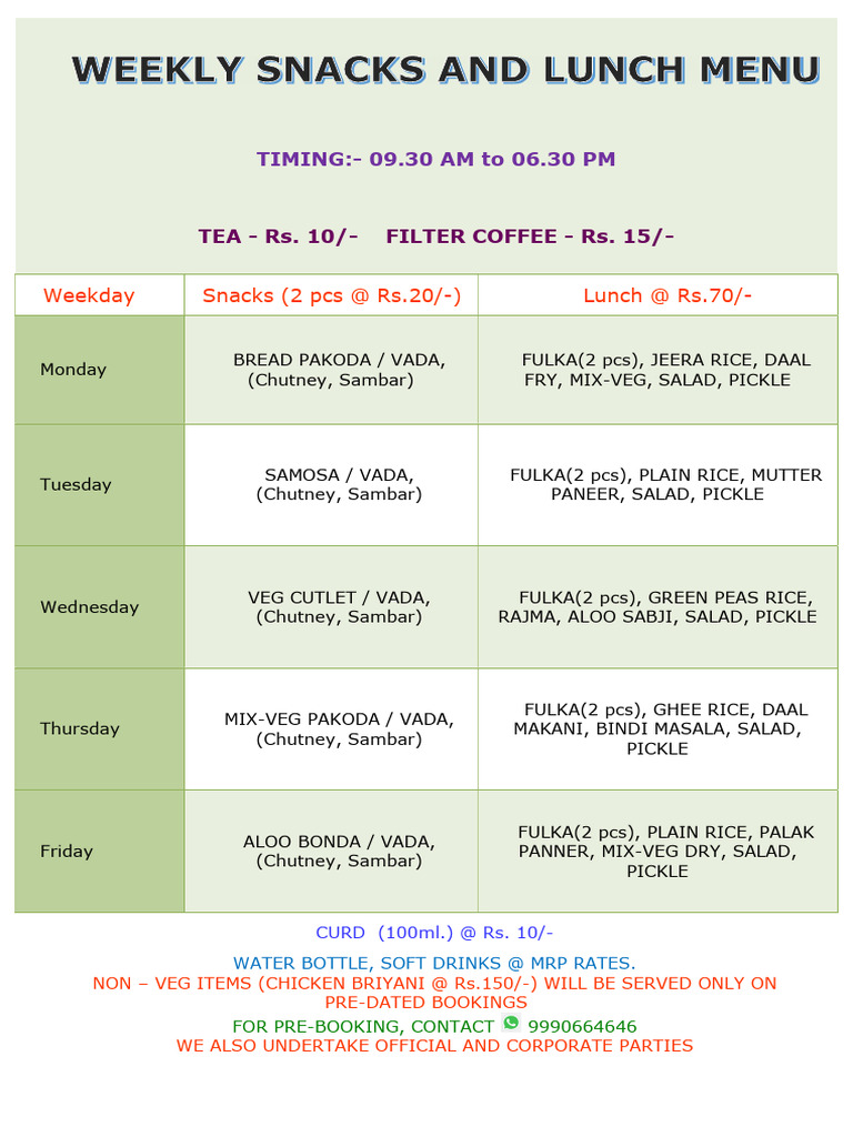 Menu Rate for Weekday Meals | PDF