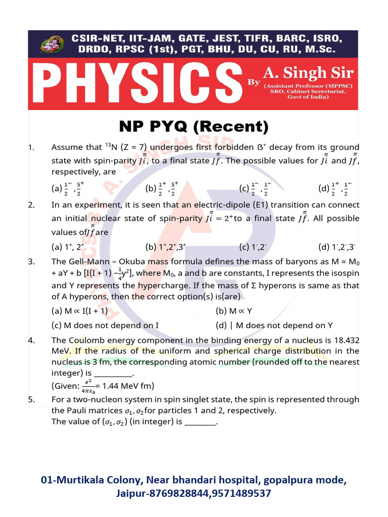 135) NP PYQ (Recent) | PDF | Atomic Nucleus | Neutron
