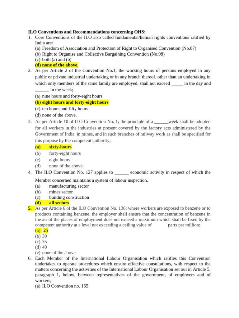 ILO Conventions and Recommendations Concerning OHS | PDF ...