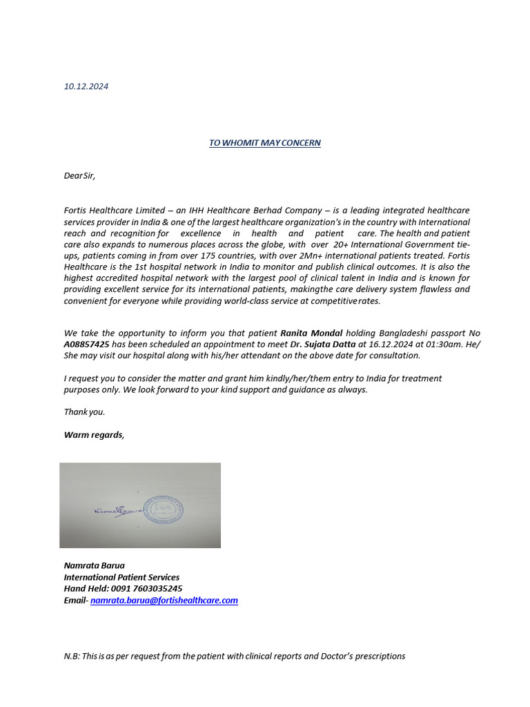 Dhaka-MKP Immigration Letter - Ranita Mondal | PDF