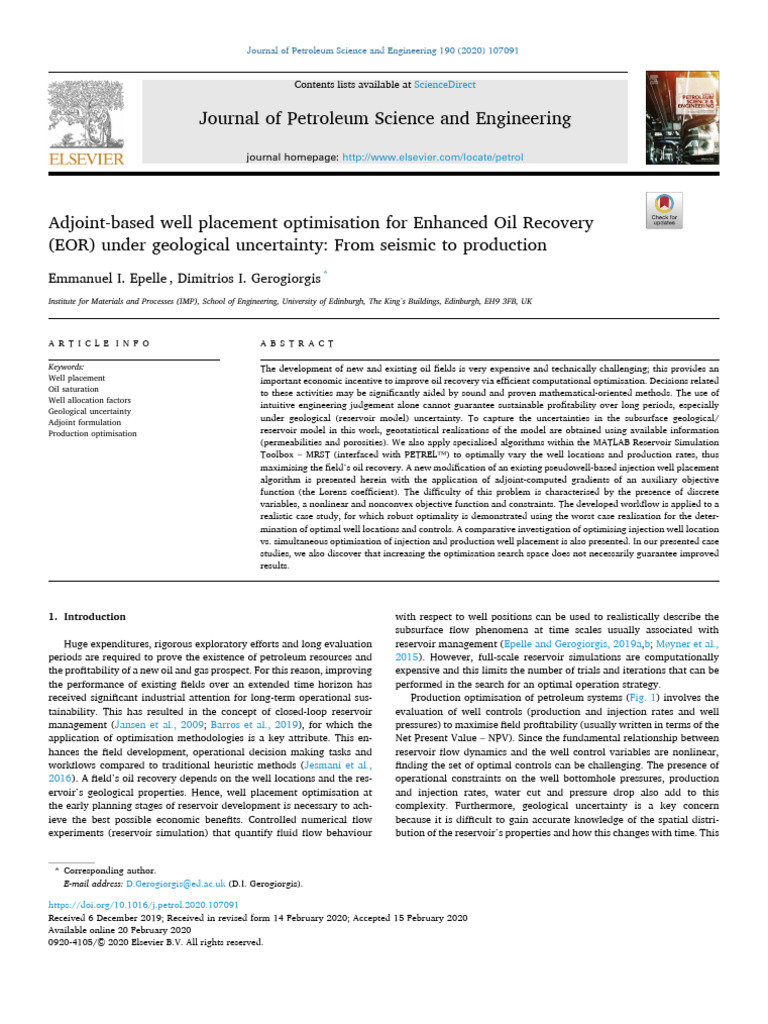Adjoint Based Well Placement Optimisation For Enhance 2020 Journal of Petrol | PDF ...