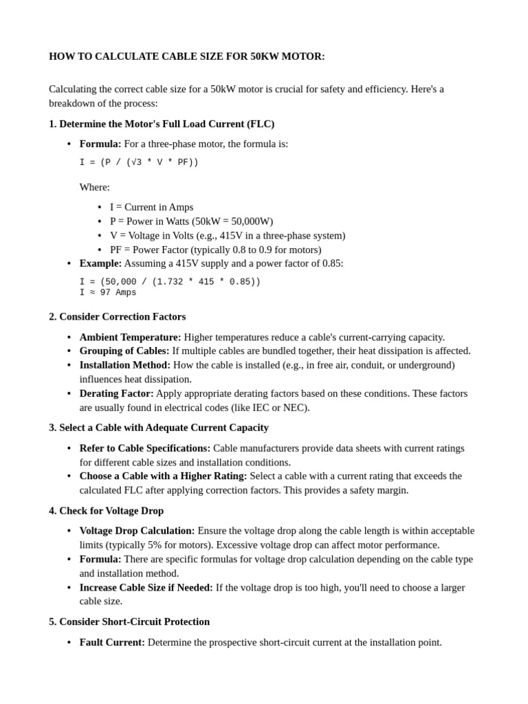 Cable Size For 50KW Motor | PDF | Physical Quantities | Electrical ...