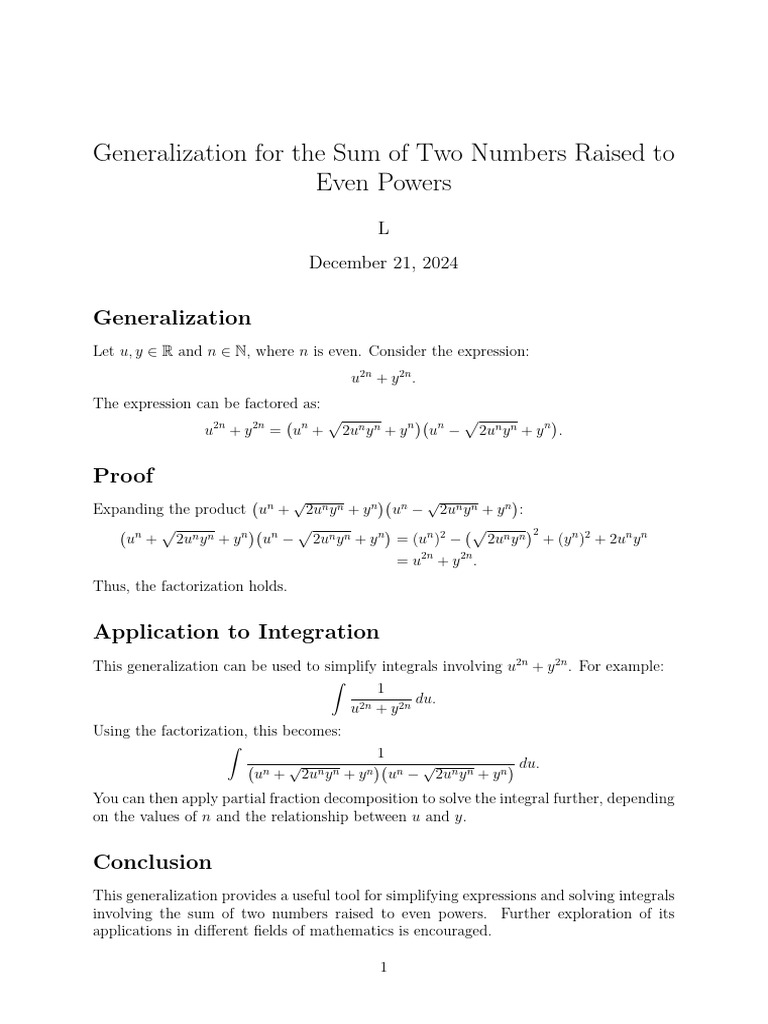 Generalization for the Sum of Two Numbers Raised to Even Powers | PDF