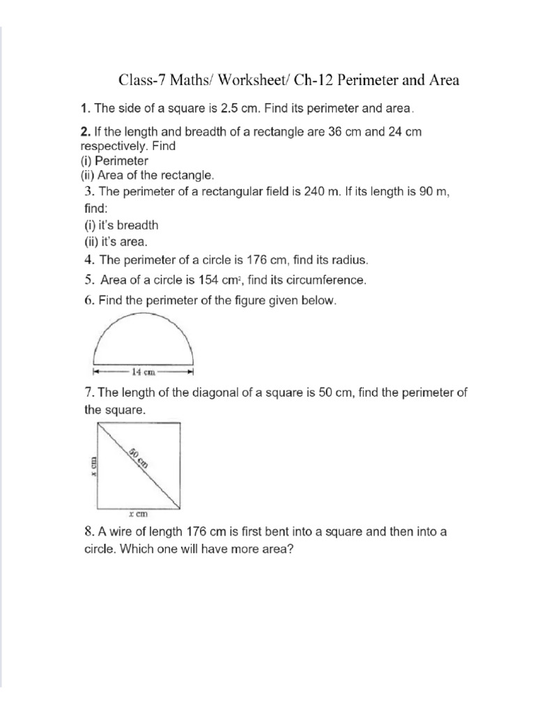 Perimeter And Area Class 7 Ws Pdf