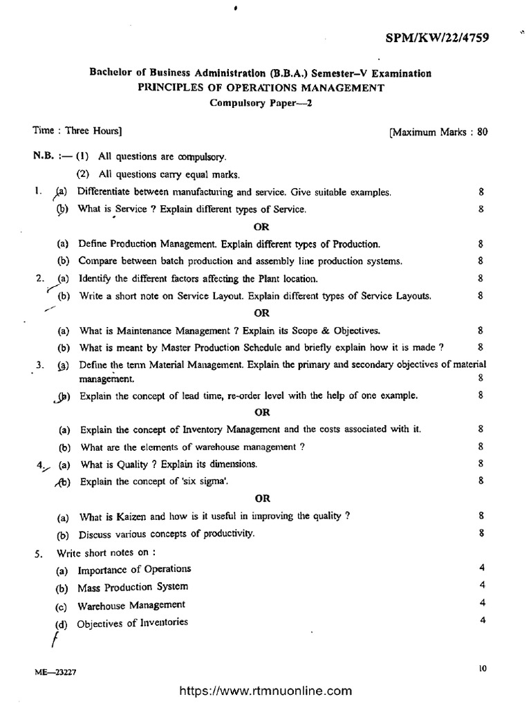 Bba 5 Sem Principles of Operations Management 4759 Winter 2022 | PDF