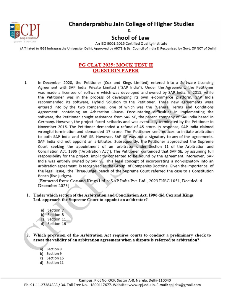 PG Clat 2025 Mock Test Ii Question Paper | PDF | Bail | Same Sex Marriage