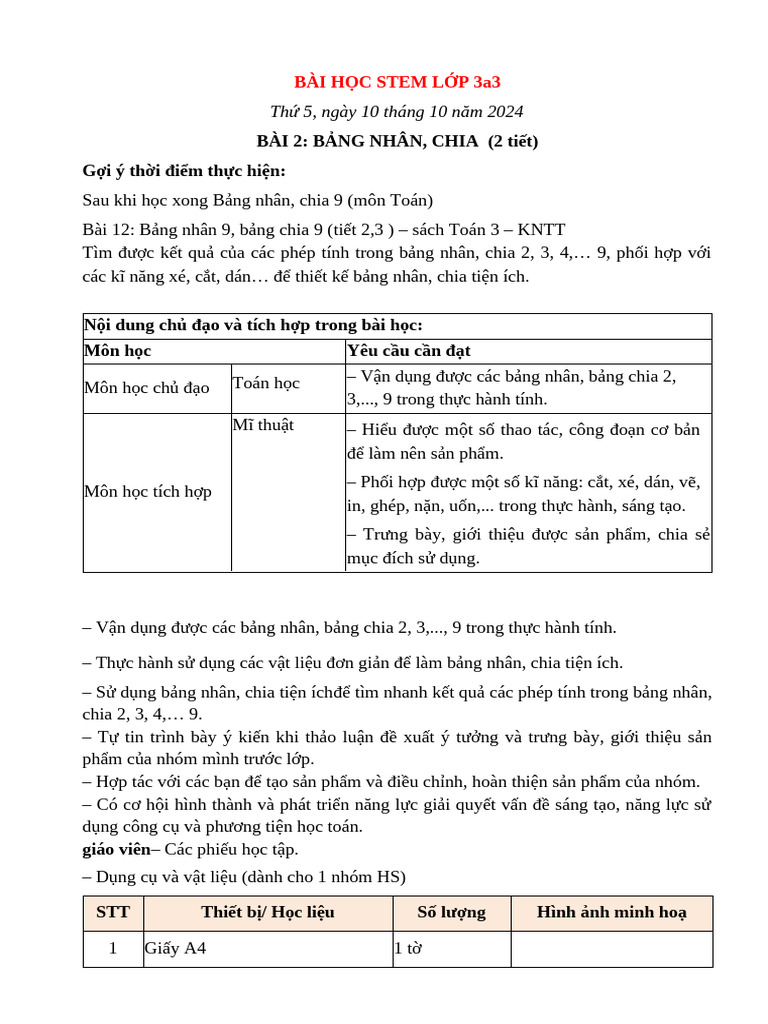 BH STEM 3 - Bài 2 - Bảng nhân, chia - KHBD | PDF