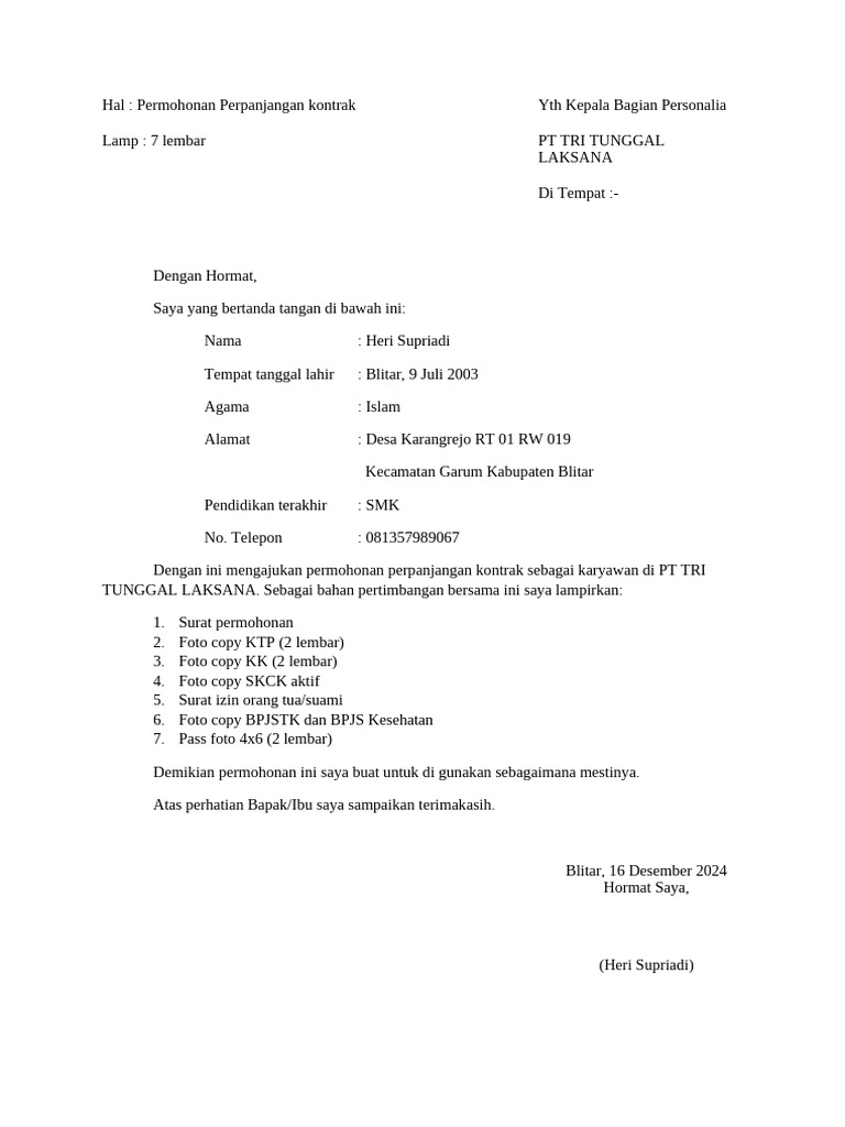 permohonan kontrak Heri Supriadi | PDF
