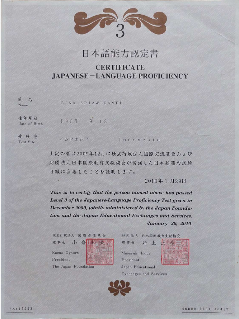Certificate Japanese-Language Proficiency | PDF