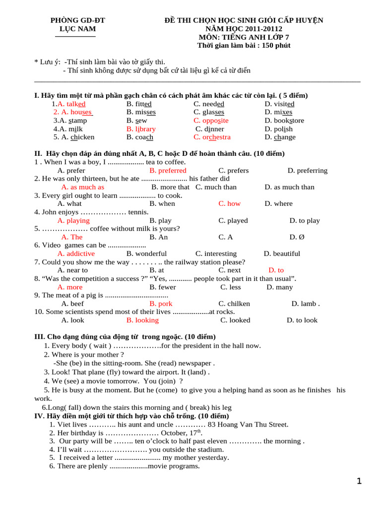 Bo de Thi Hsg Tieng Anh Lop 7 | PDF | Dill | Foods