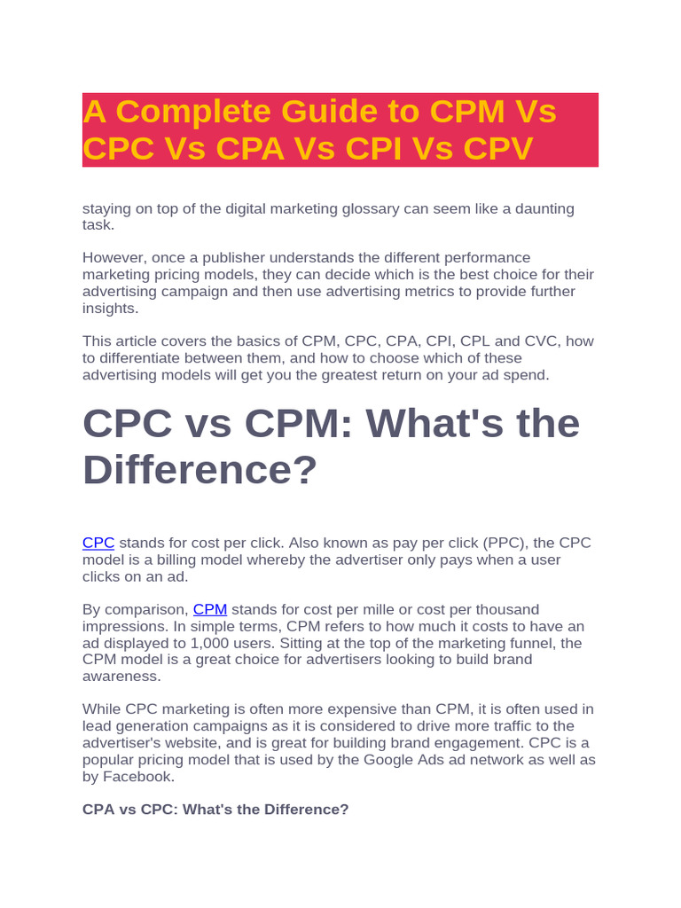 A Complete Guide To CPM Vs CPC Vs CPA Vs CPI Vs CPV | PDF | Online Advertising | Advertising