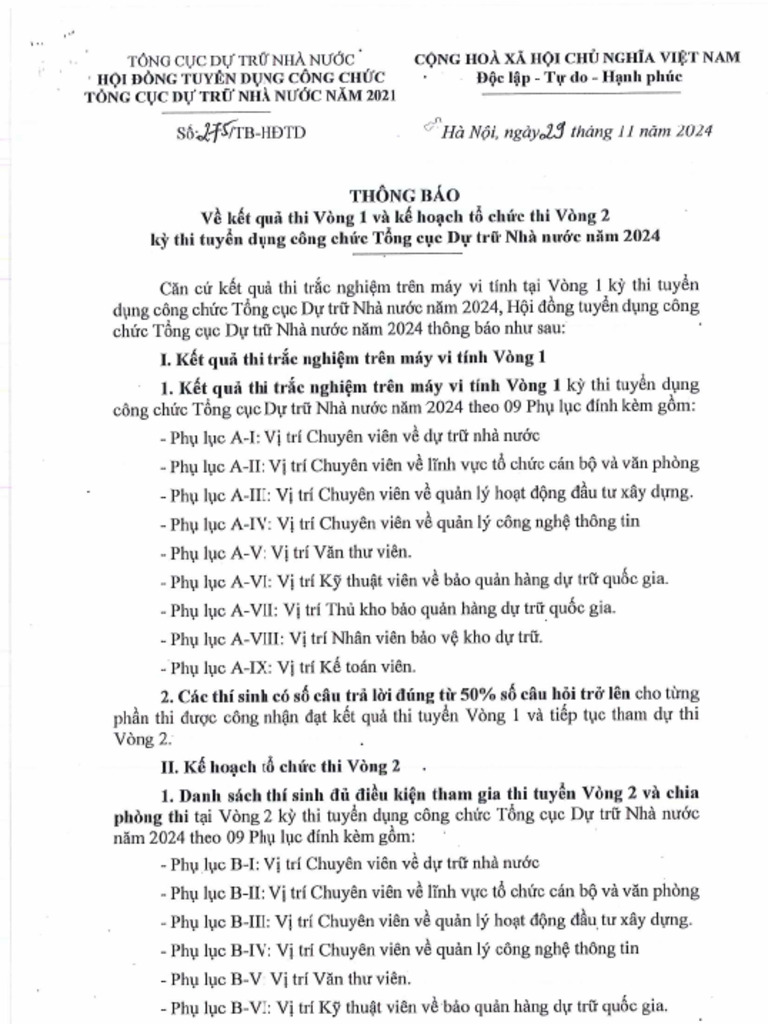 01 - Thong Bao 275 Ket Qua Thi Vong 1 Va DS Thi Vong 2 | PDF