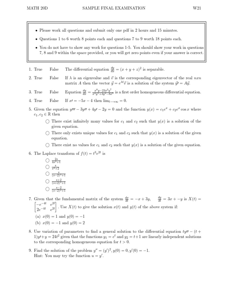 Math 20D Sample Quiz 6 | PDF | Eigenvalues And Eigenvectors | Operator ...