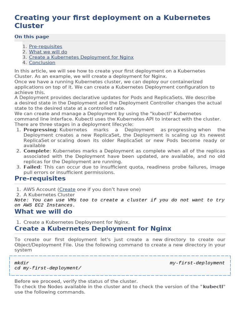 Creating Your First Deployment On A Kubernetes Cluster Pdf System