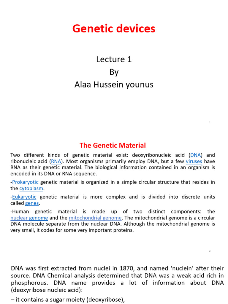 lec 1 genetic devices - | PDF | Chromatin | Dna