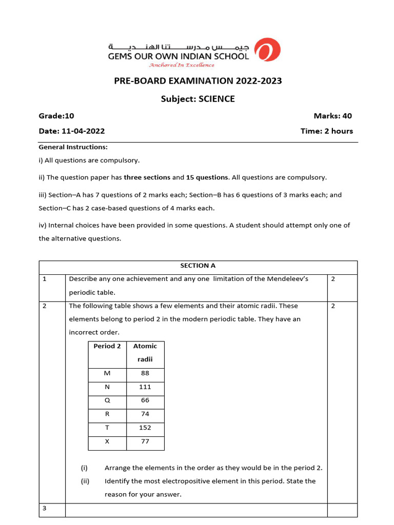 QP Pre Board Science 2021-22 | PDF | Periodic Table | Chemical Compounds