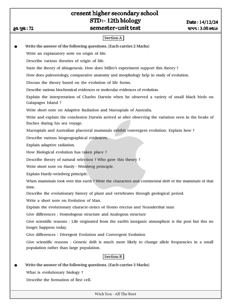 Semester Unittest - D14 Dec 2024 | PDF | Evolution | Biological Evolution