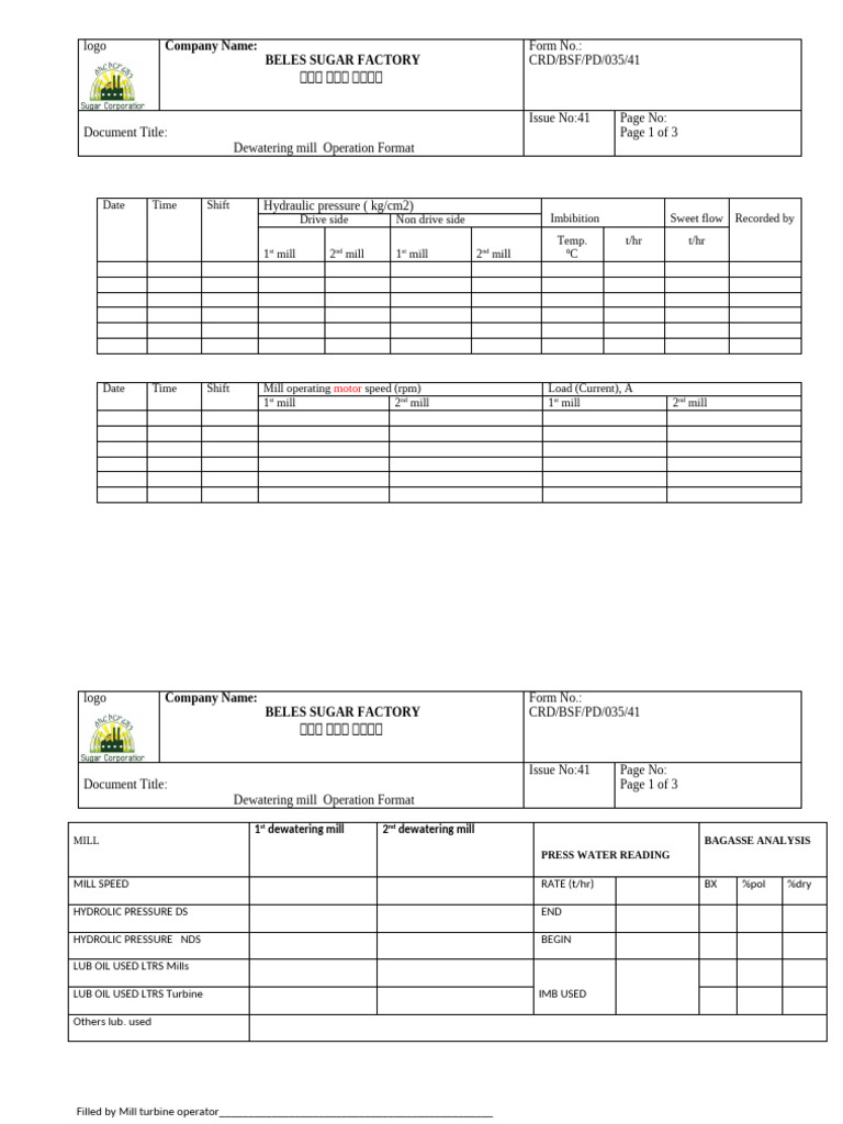 Dewatering Mill Operation Log | PDF | Mechanical Engineering