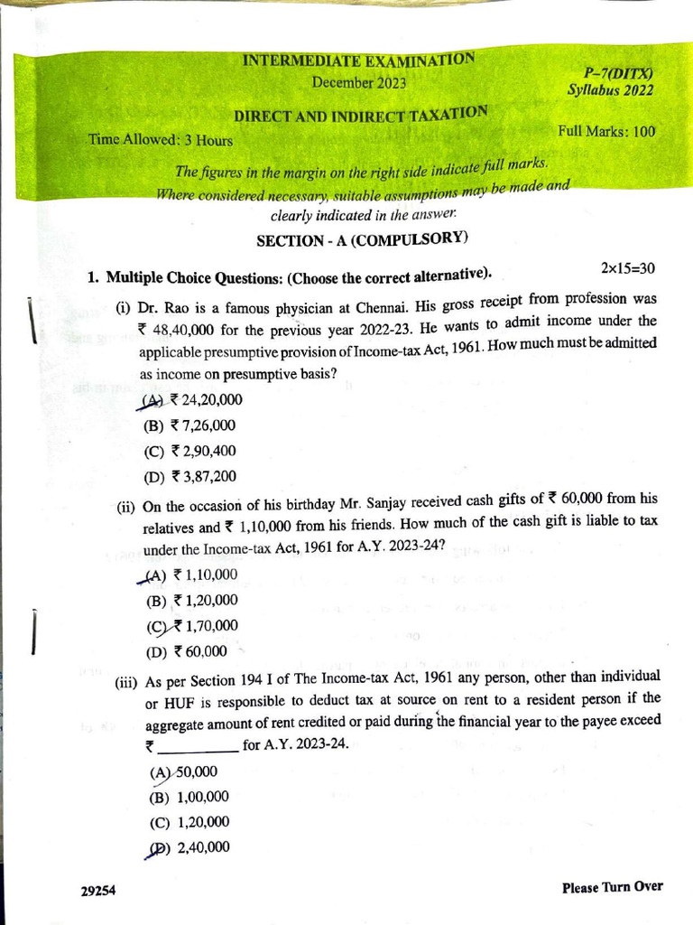 CMA Inter December 2023 Tax Question Paper | PDF | Income Tax | Taxes