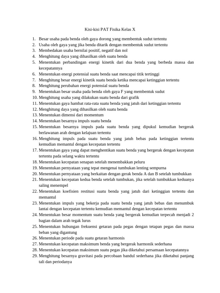 Kisi-Kisi PAT Fisika Kelas X | PDF