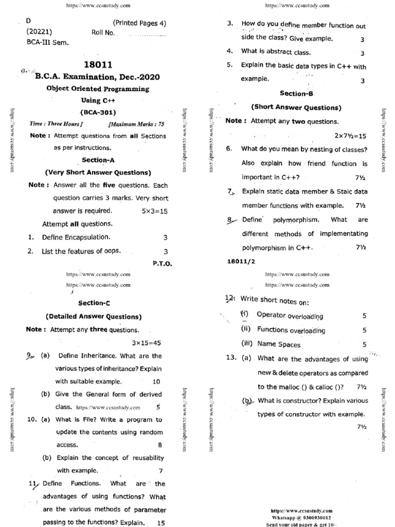 Bca 3 Sem Object Oriented Programming Using Cpp 18011 Dec 2020 Pdf