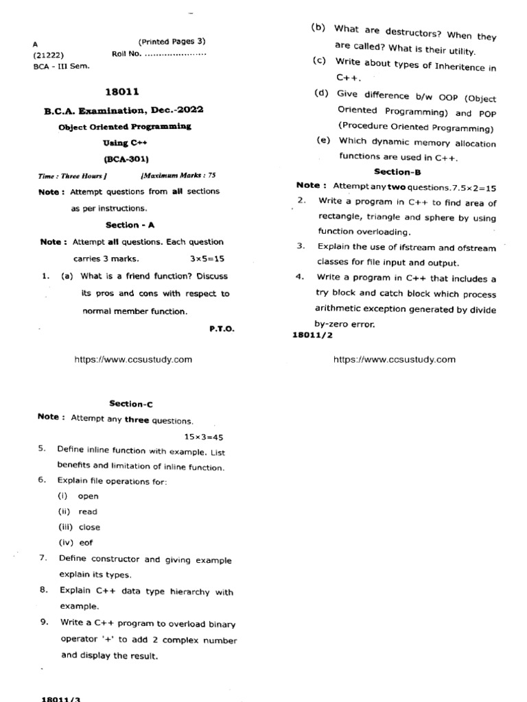 Bca 3 Sem Object Oriented Programming Using CPP 18011 Dec 2022 | PDF