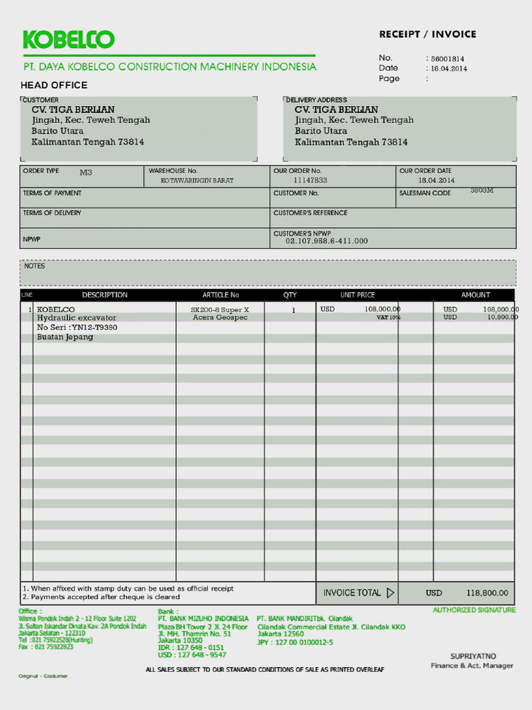 Invoice Kobelco SK200 8 Super X | PDF
